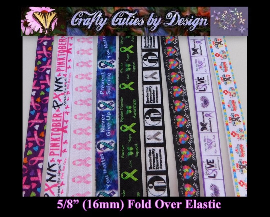 FOE Ribbon - Awareness - 5/8" 16mm - Printed Fold Over Elastic by Yard ...