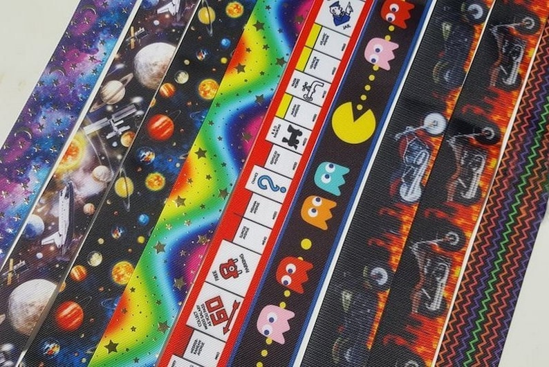1.5" Games, Flames & Space Ribbon - Monopoly, Pac Man, Rockets, Planets ...