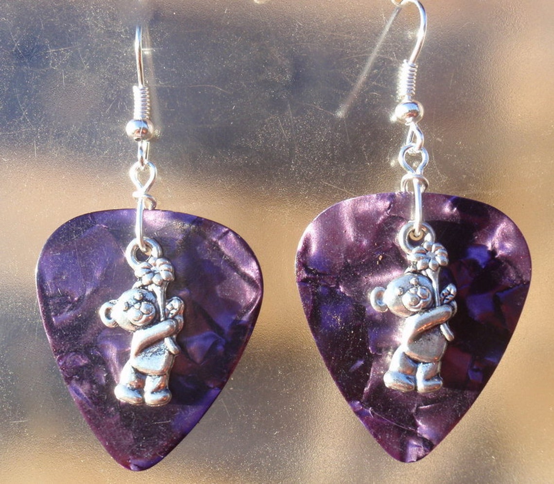 Teddy Bear Flower Earrings Dangling Silver Guitar Pick | Etsy
