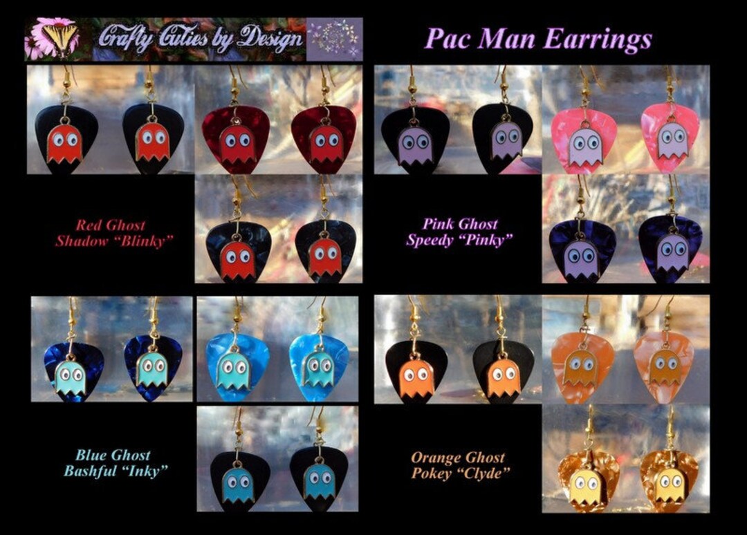 Pac Man Enamel Earrings, Guitar Pick Jewelry, Choice Colors, Pierced or ...