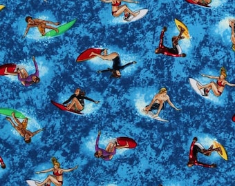 Surfing Fabric Surfers on Light Blue by Landpenguin Summer Surfing ...