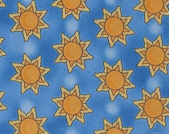 Sun Fabric Summer Sun by Charladraws Small Scale White Orange Yellow ...