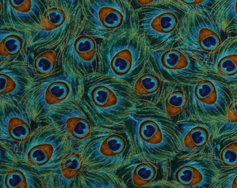 Stunning Peacock With Metallic Gold Print Pure Cotton Fabricby the Yard ...