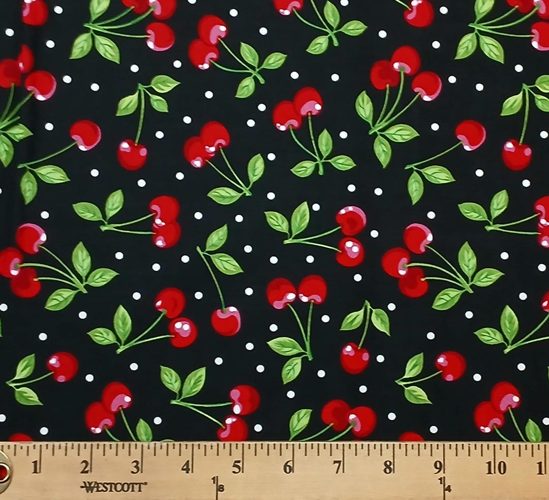 Cherry All Over Cherries White Polka Dot on Black Summer Fruit Cotton ...