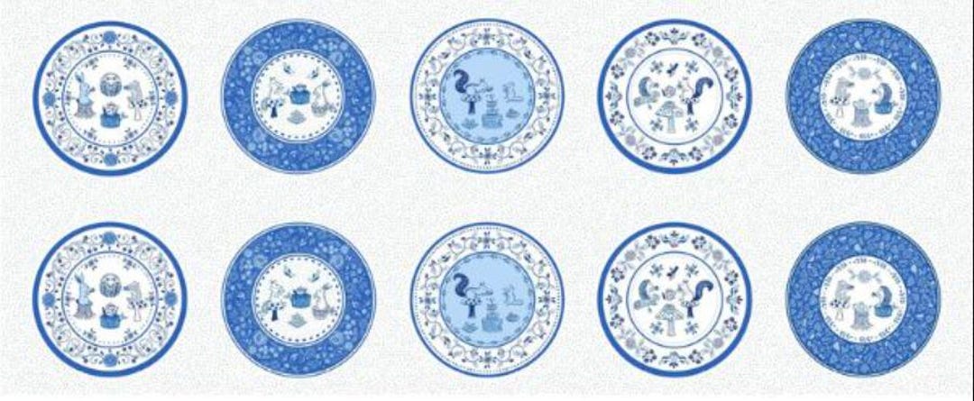 18" X 44" Panel Tea Time Little Plates Delftware Blues Whites Lewis ...
