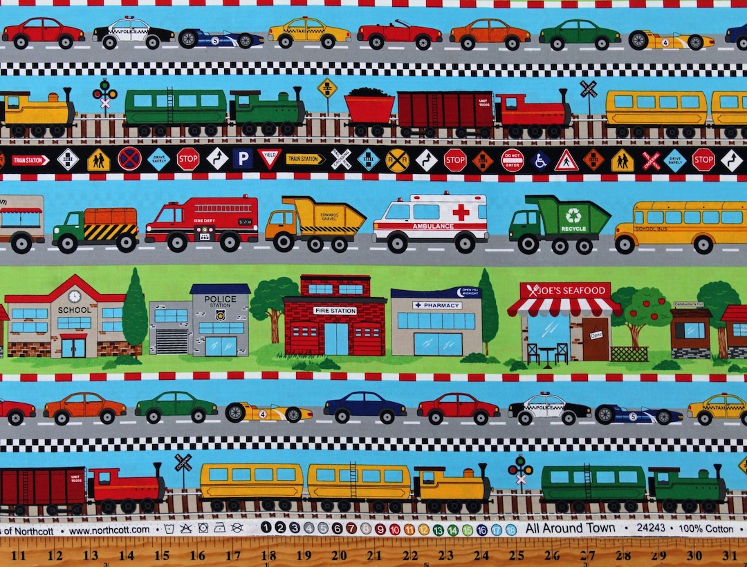 Cotton All Around Town Border Stripe Cars Vehicles Traffic Signs ...