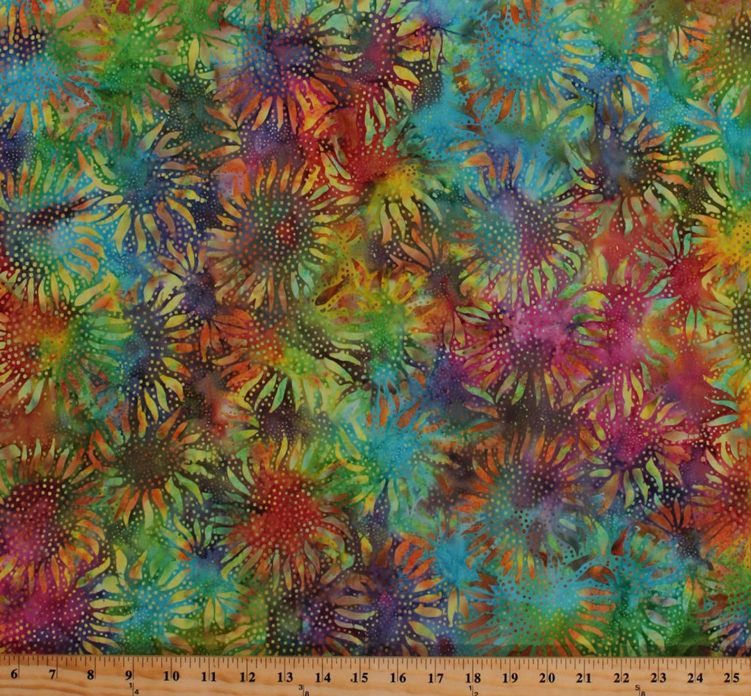 Cotton Batik Sunflowers Multi-colored Flowers Floral Blossoms Gardens ...