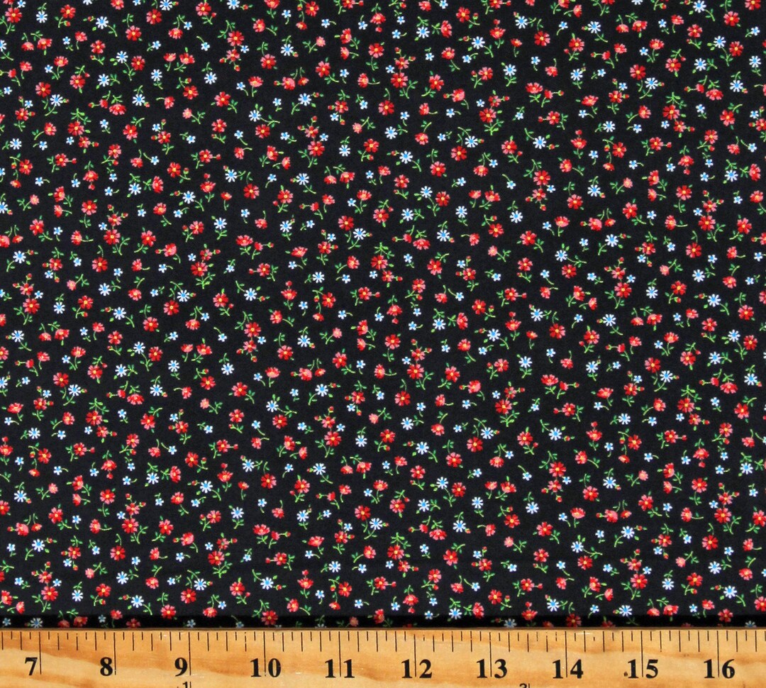 Cotton Tiny Flowers Tossed Red and Blue Floral on Black Small Scale ...