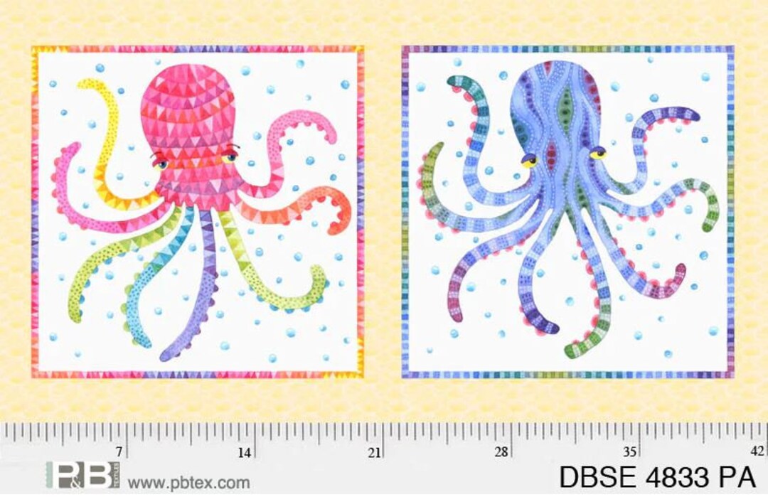 24.5" X 44" Panel Octopus Colorful Ocean Sea Animals Deep Blue Sea Yellow Kids Cotton Fabric ...