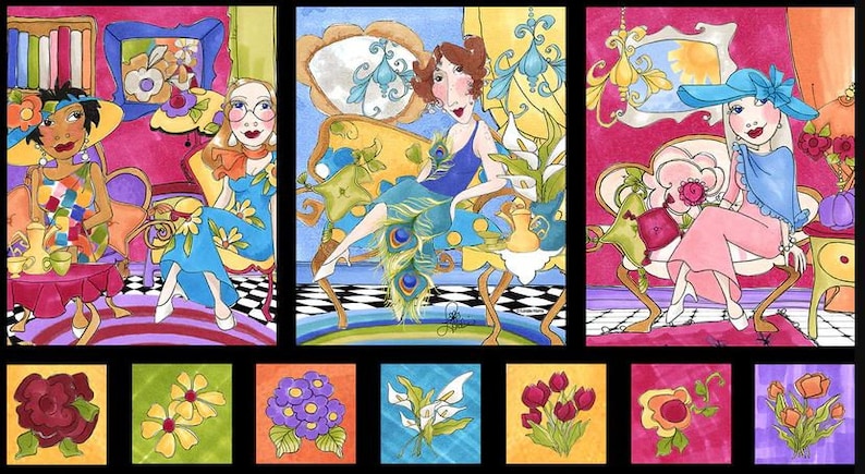 23" X 44" Panel Sitting Pretty Portraits Ladied Women Fancy Fashion ...