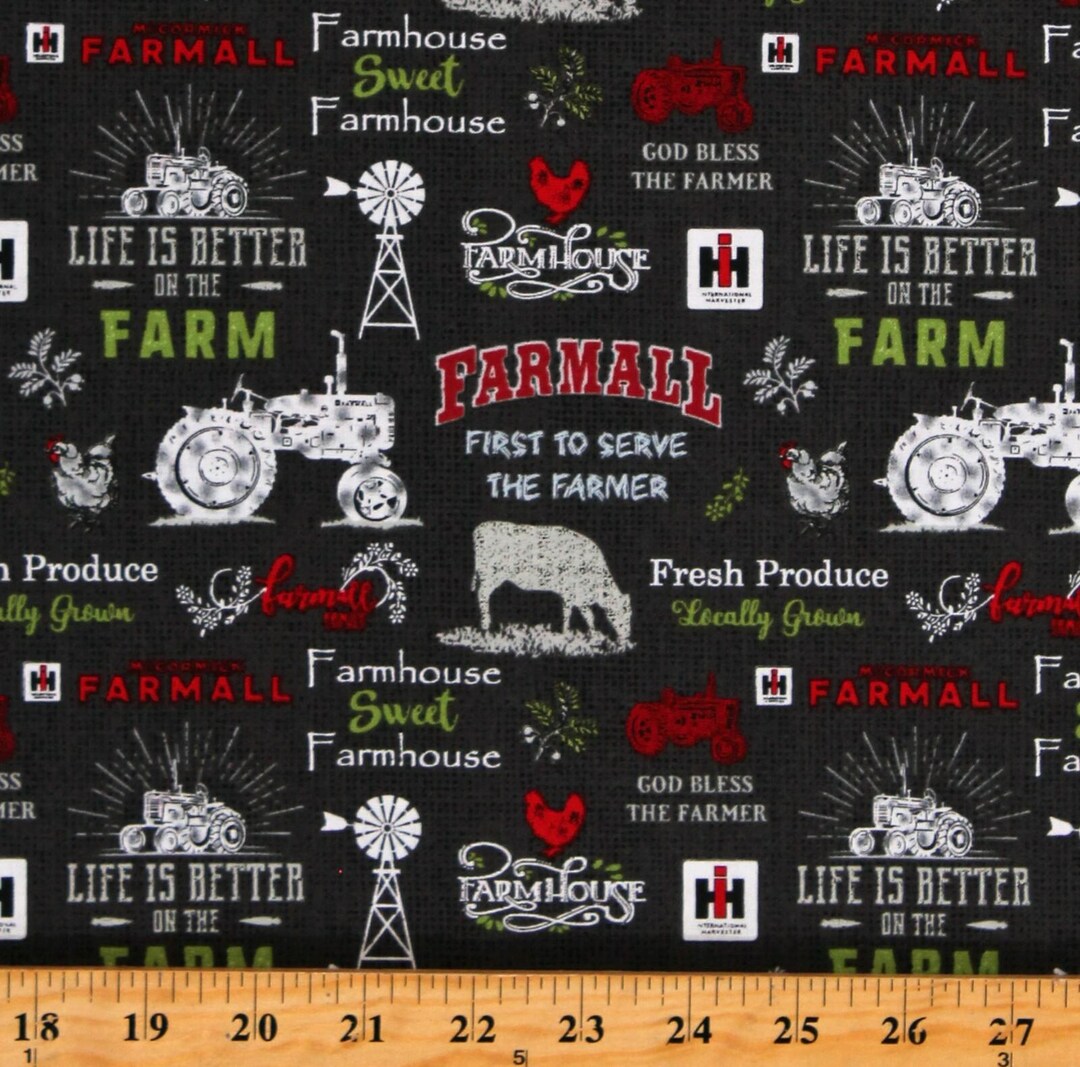 Cotton Farmall Farmers Tractors Cows Grey Cotton Fabric Print by the ...