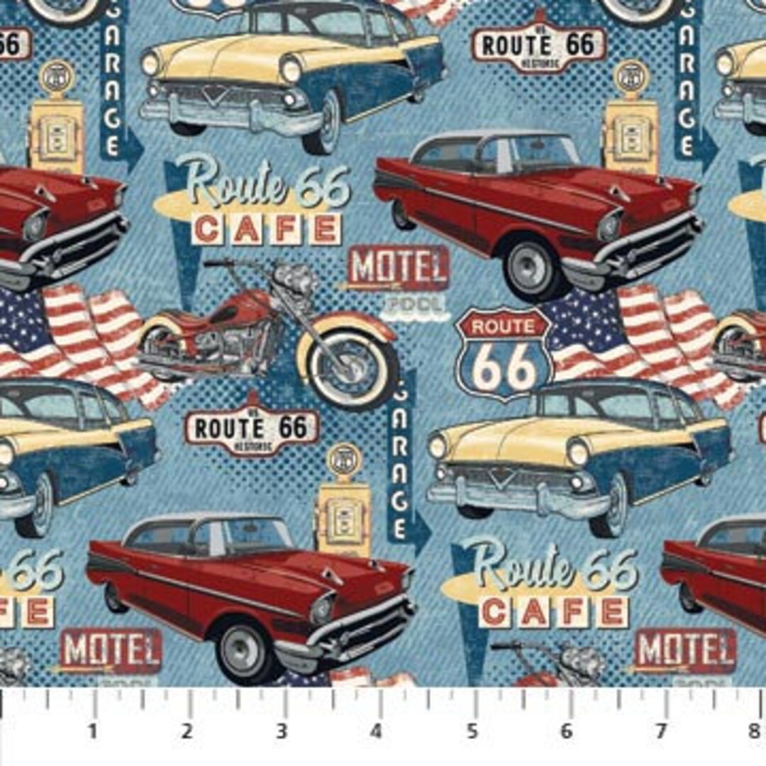 Cotton Route 66 Cars and Cycles Imported Antique Blue Multi Cotton ...