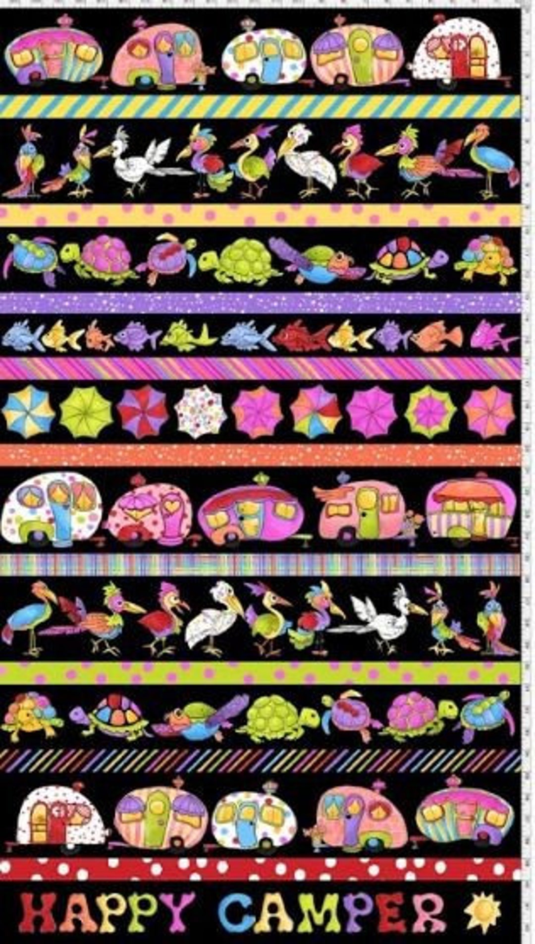 23" X 44" Panel Camping Happy Campers Birds Turtles Fish Animals Travel ...