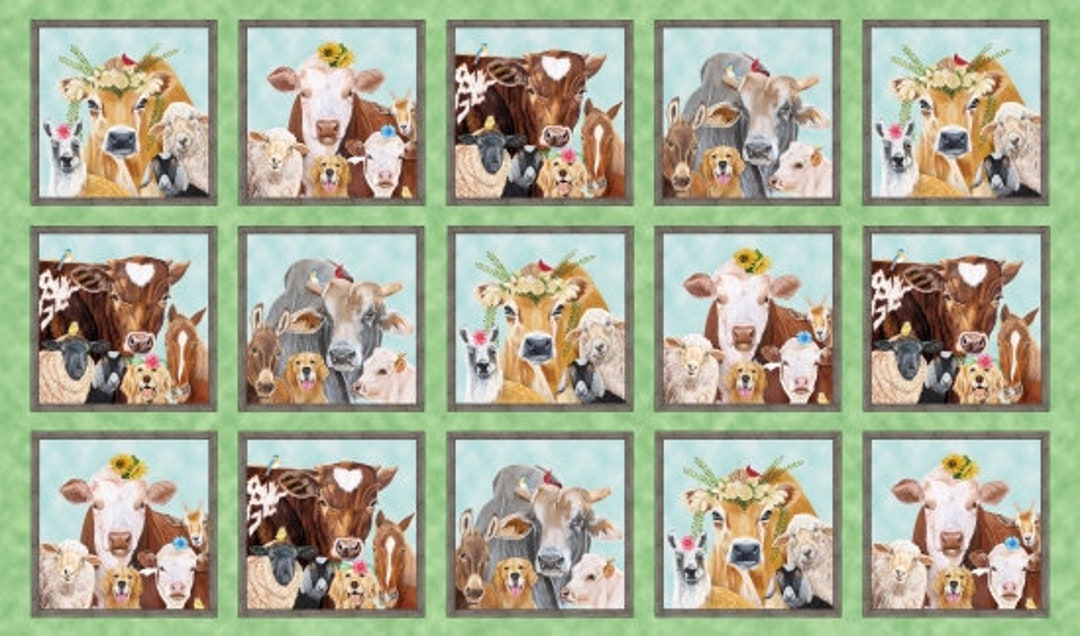 24" X 44" Panel Happy Farm Animals Blocks Cows Sheep Horses Dogs Llamas ...