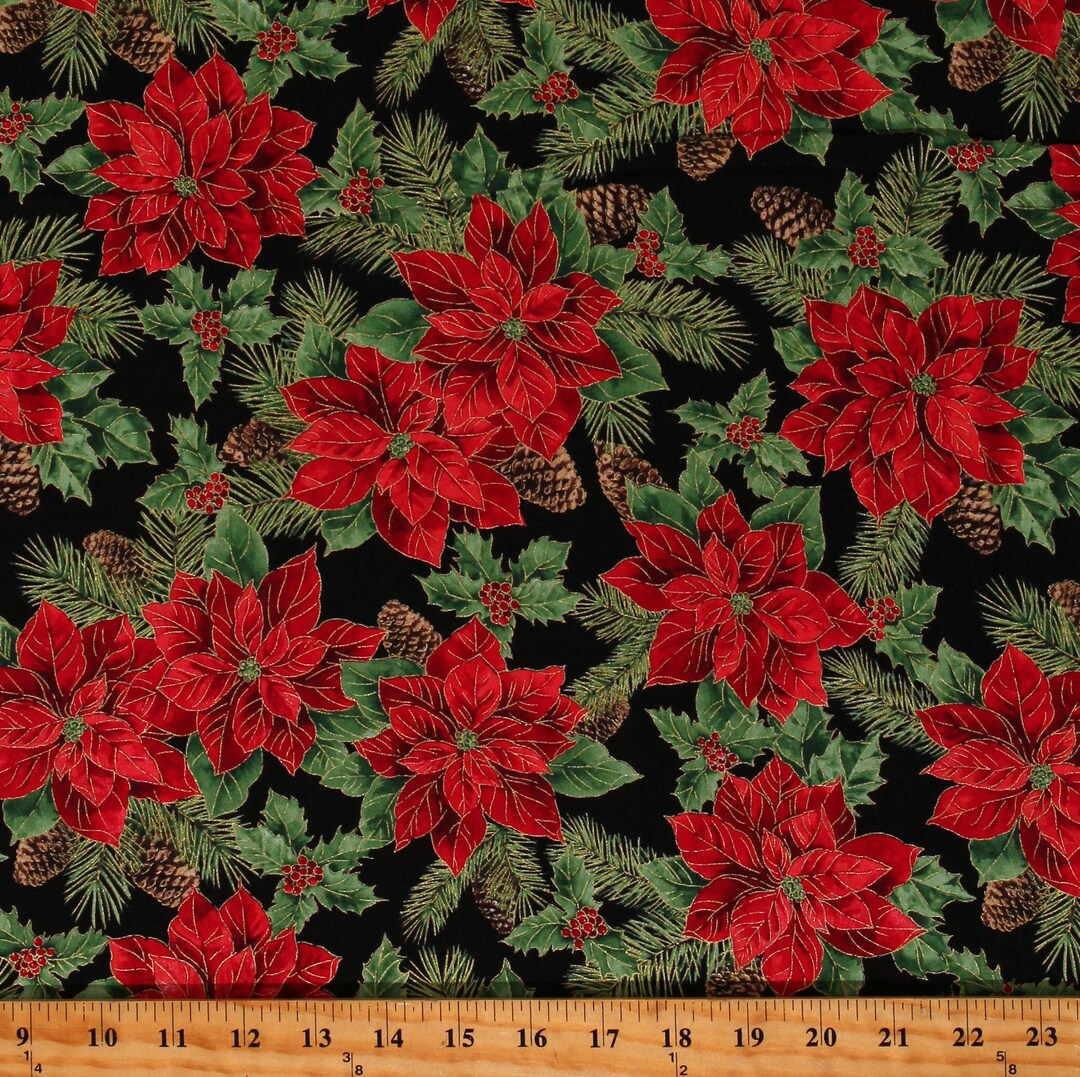 Cotton Pine Cones Poinsettias Flowers Holly Ivy Christmas Holiday Black ...