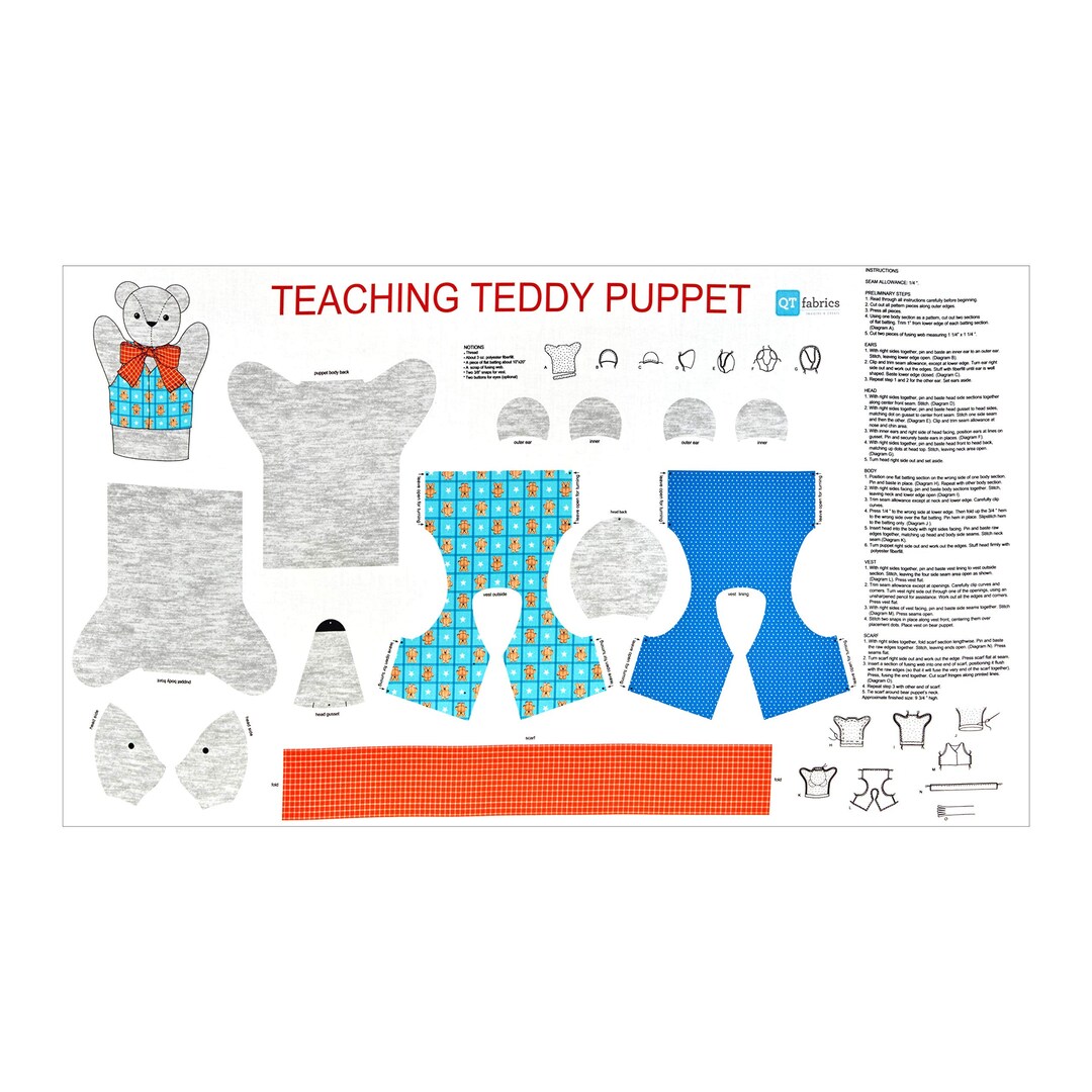 25" X 44" Panel QT Quilt Fabrics Digital Sew & Go Teaching Teddy Puppet ...