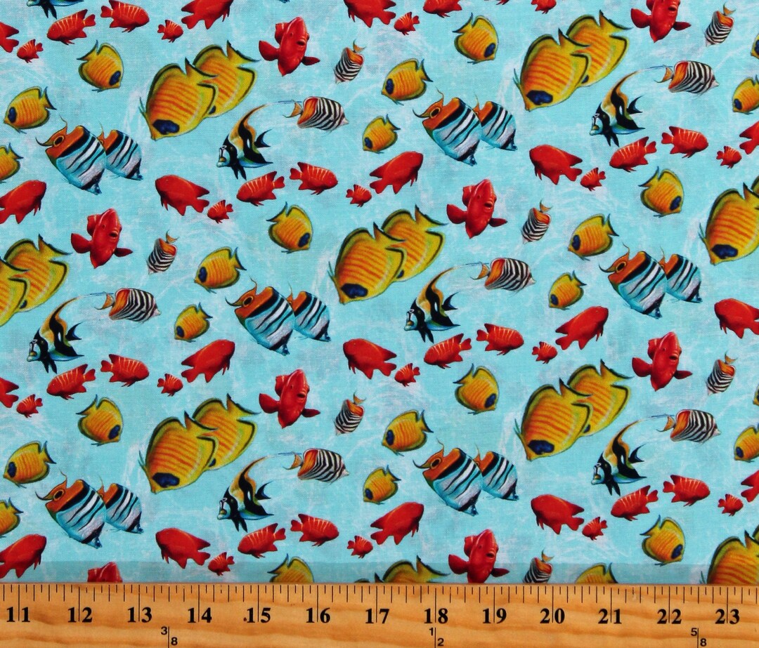 Cotton Fish Tropical Fishes Allover Blue Water Sea Ocean Reef Life ...