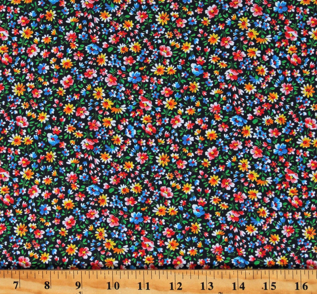 Cotton Flowers Tiny Small Scale Multi-color Floral on Black Floral ...