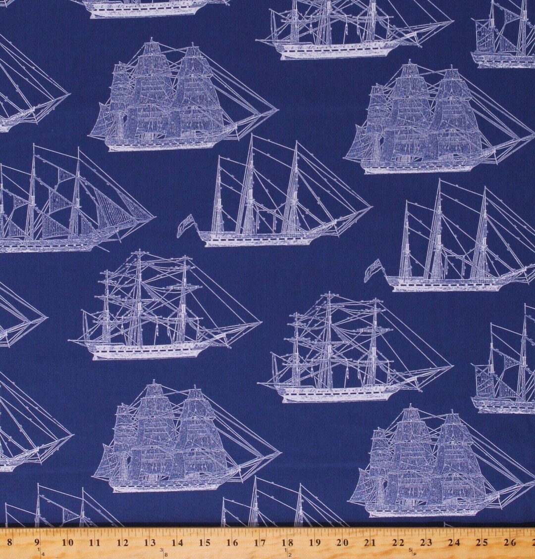 Cotton Boats Nautical Ships Blue Cotton Fabric Print by the Yard (C8550 ...