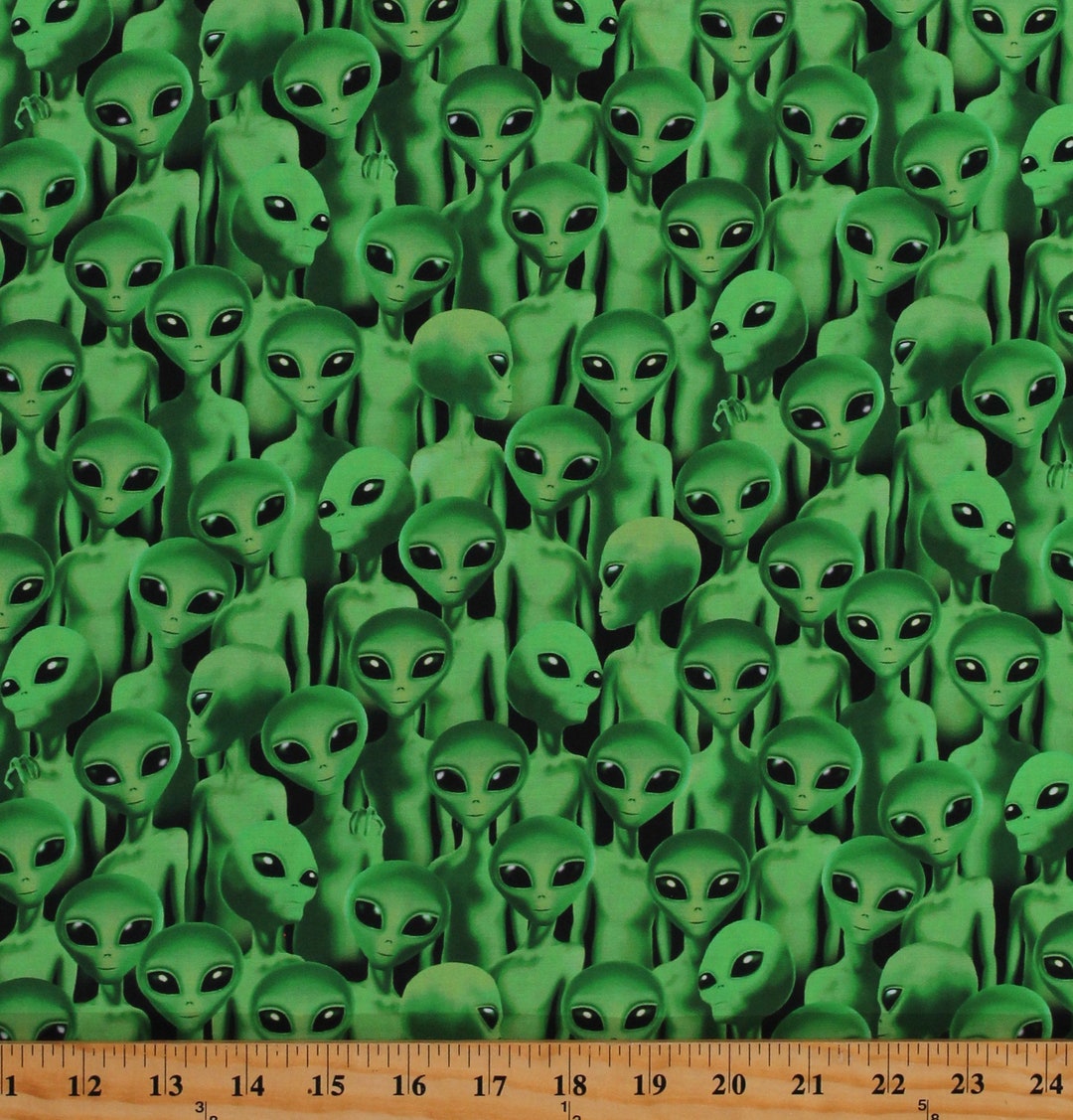 Cotton Aliens Outer Space Creatures Foreign Spaceship Green Cotton ...