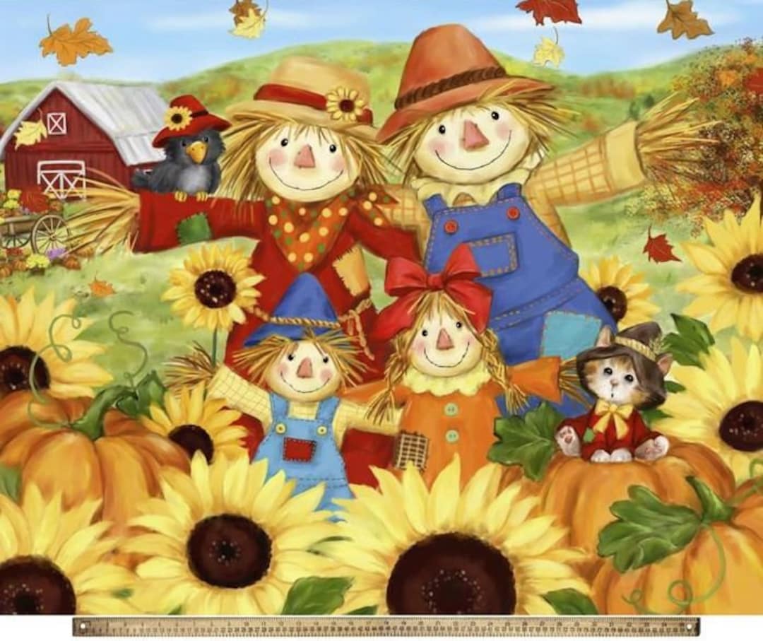 35" X 44" Panel Scarecrow Family Scarecrows Autumn Fall Leaves Pumpkins ...