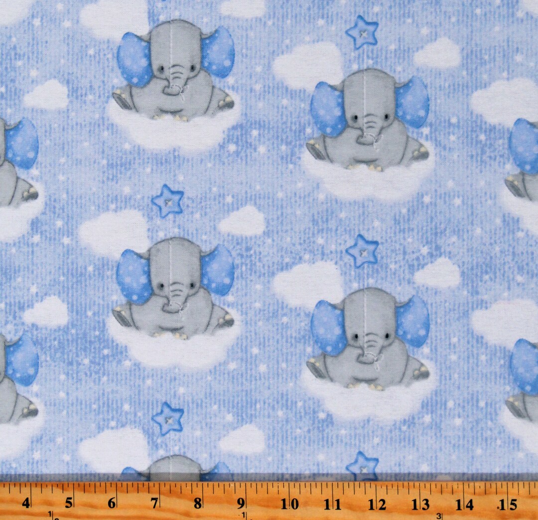 Flannel Elephants Clouds Stars Balloons Kids Animals Blue Baby Cotton ...