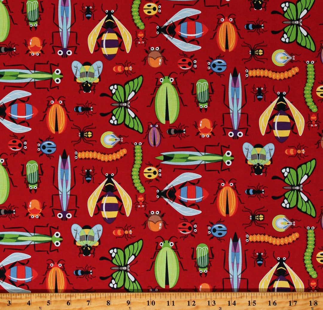 Cotton Bugs Insects Beetles Nature Bug, Bug, Bug Kids Red Cotton Fabric ...