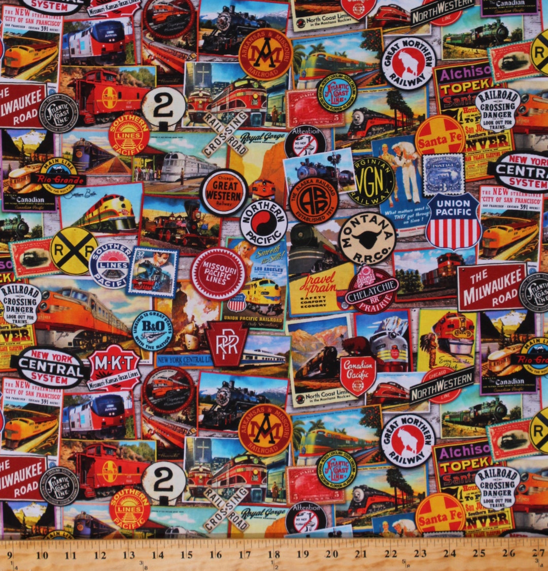 Cotton Railroads Trains Steam Engines Multicolor Cotton Fabric Print by ...