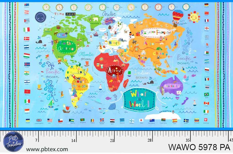 24" X 44" Panel What a World World Map Panel Continents Flags Time ...