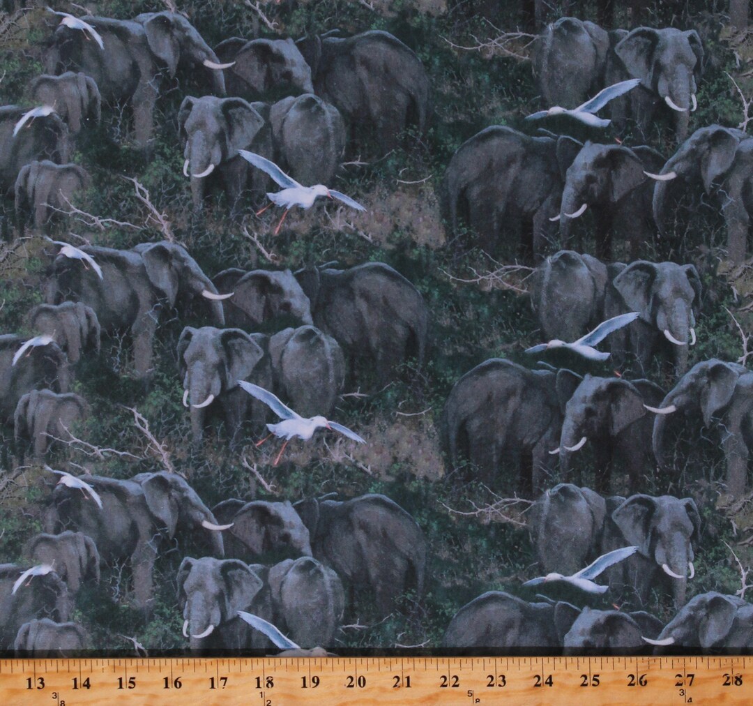 Cotton Elephants Packed African Animals Birds Wildlife Green Cotton ...