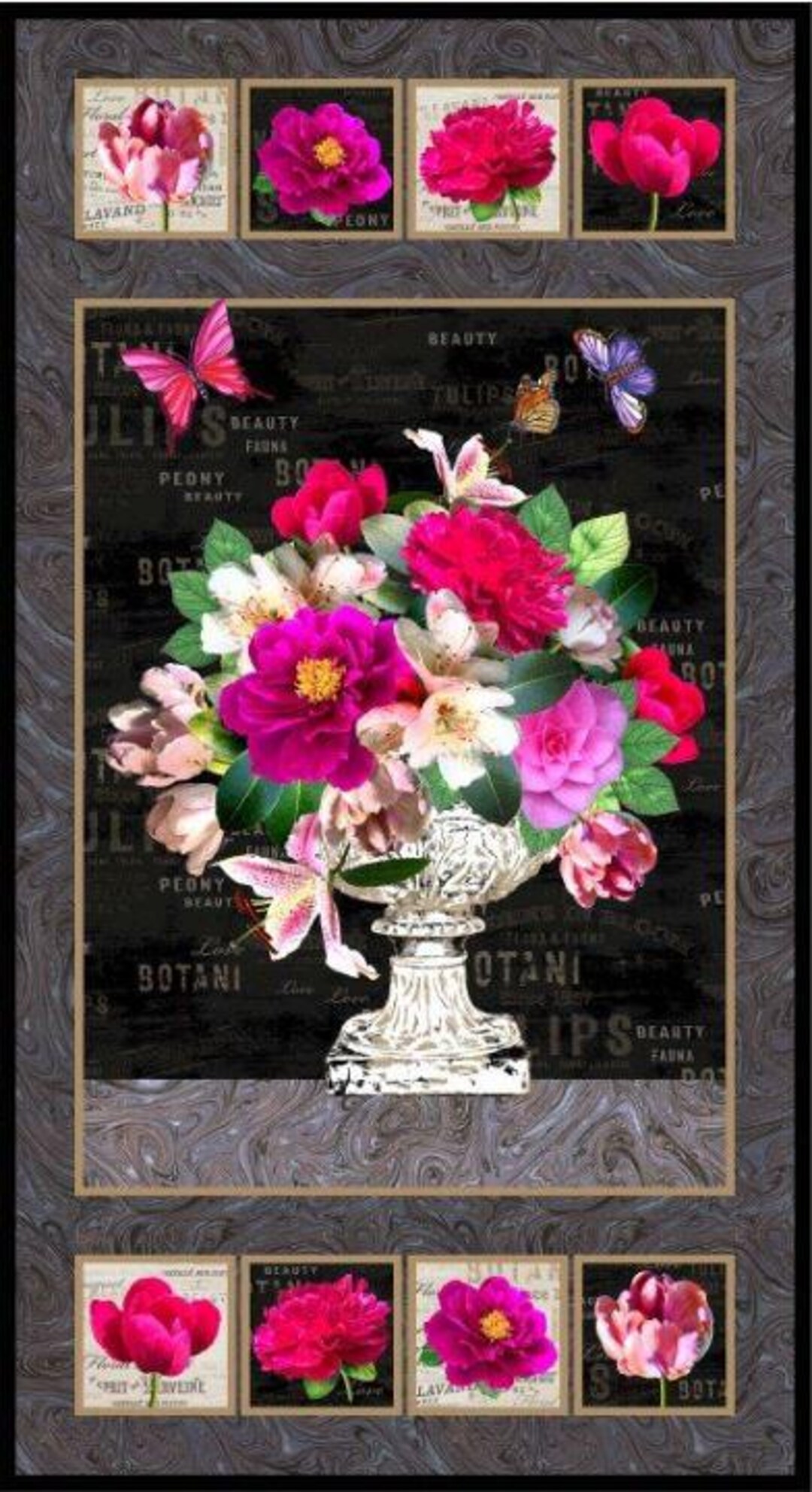 24" X 44" Panel Mon Ami Vase of Flowers Floral Arrangement Butterflies ...