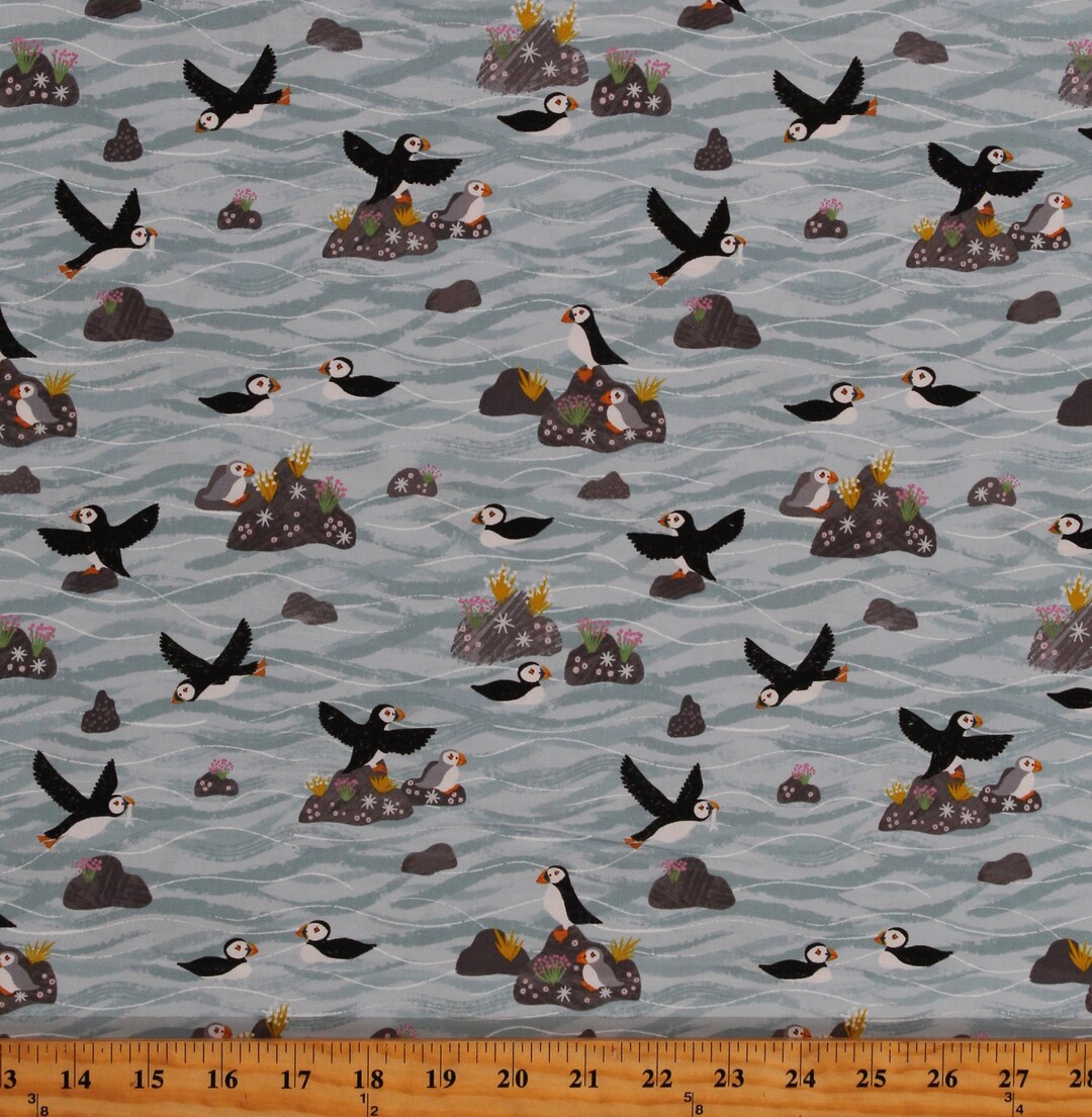 Cotton Puffins Puffin Bay Birds Seabirds Animals Rocks Blue Cotton ...