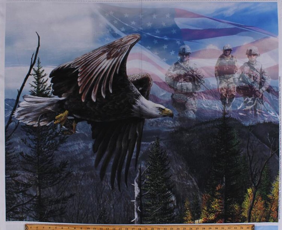 35.5" X 44" Panel Bald Eagle American Flag Soldier Patriotic United ...