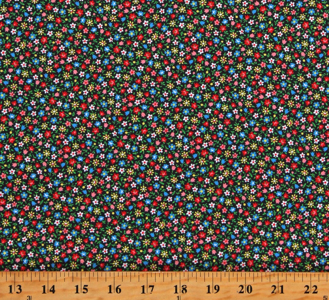 Cotton Flowers Tiny Small Scale Multi-color Floral on Black Calico-look ...