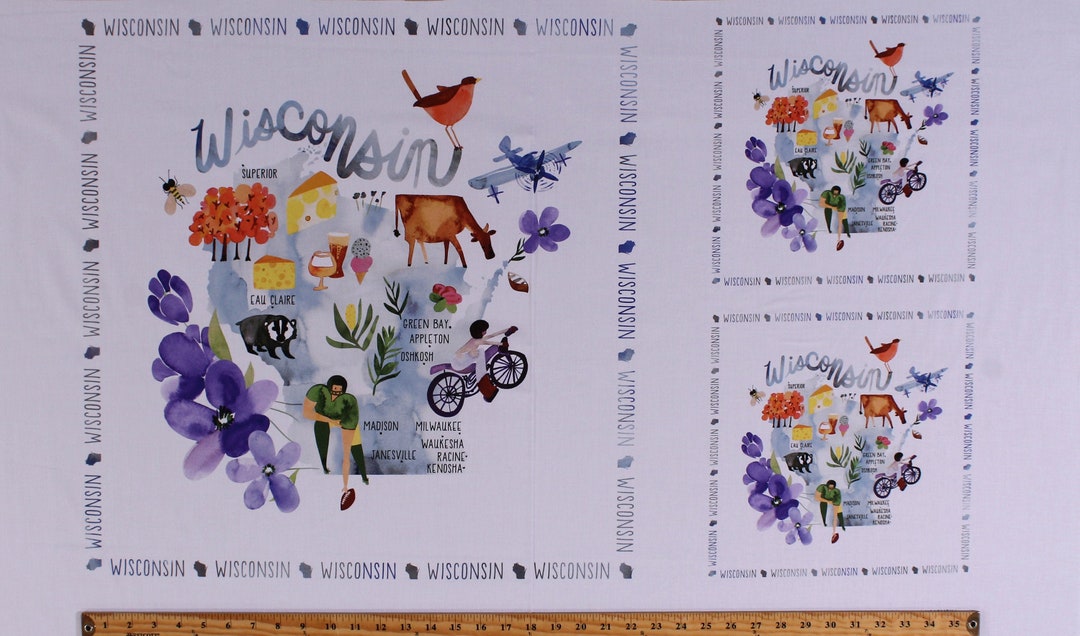 24" X 44" Panel Wisconsin State Symbols Emblems Icons Flowers Violets ...