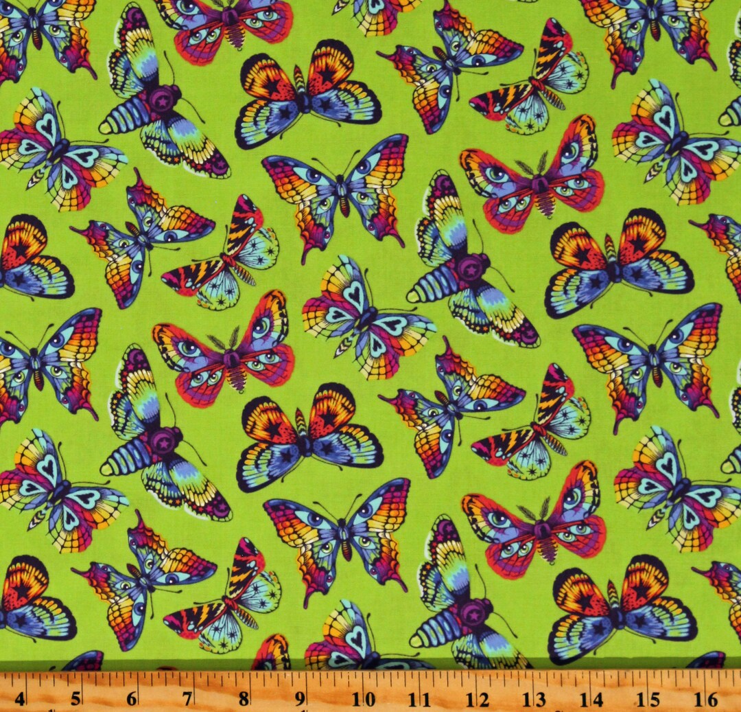 Cotton Butterfly Butterflies Insects Animals Avocado Cotton Fabric ...