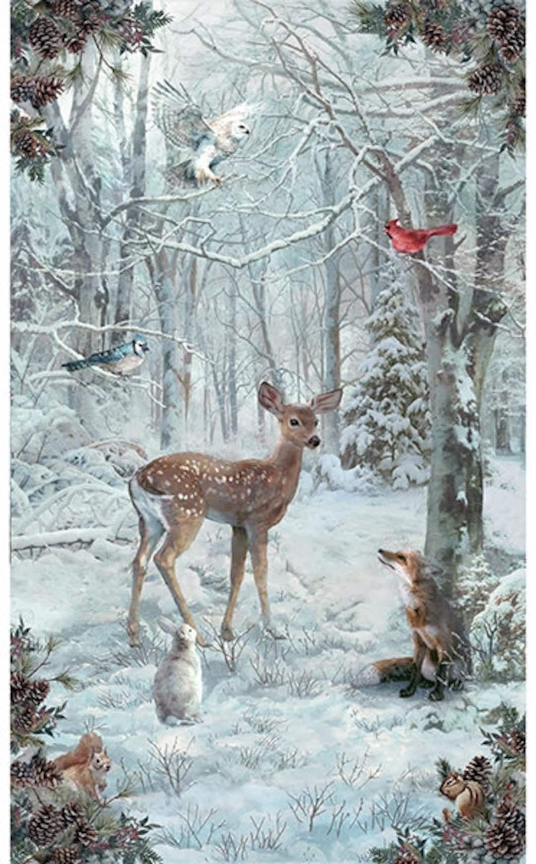 26" X 44" Panel Winter Tales Deer Wildlife Animals Snow Woods Scenic ...