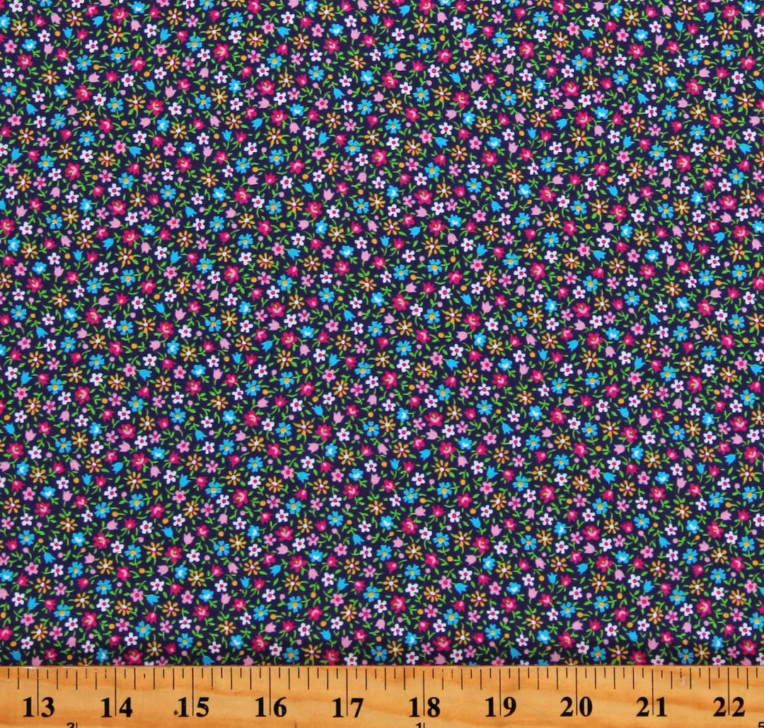 Cotton Flowers Tiny Small Scale Multi-color Floral on Navy Calico-look ...