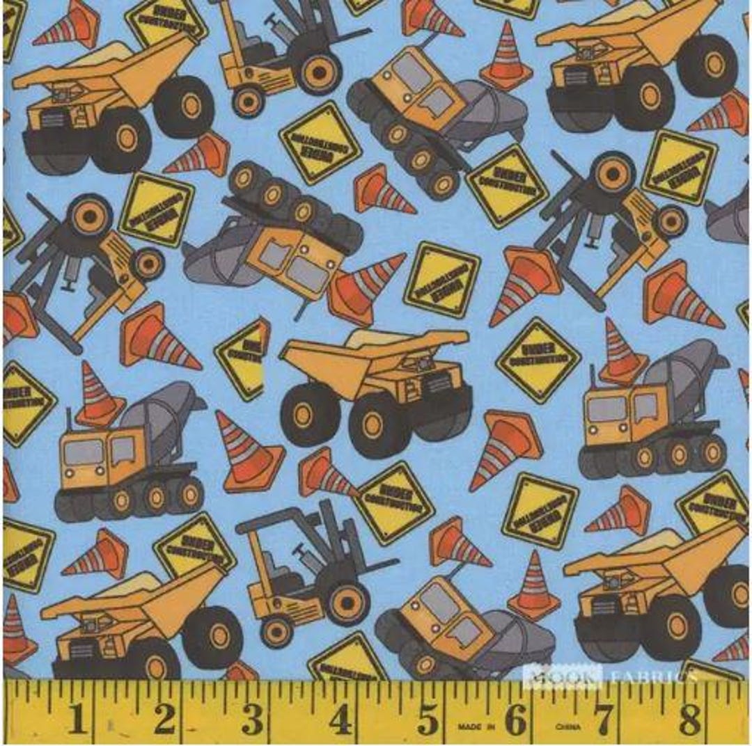Cotton Kids Construction Machines Cement Trucks Cones Signs Boys Mook ...
