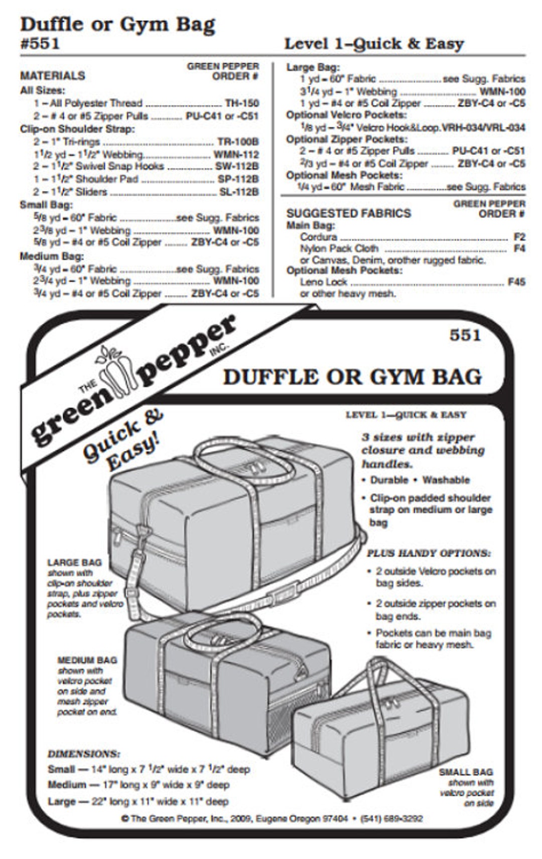 Duffle or Gym Bag Pack Carry-all Luggage Bag #551 Sewing Pattern ...