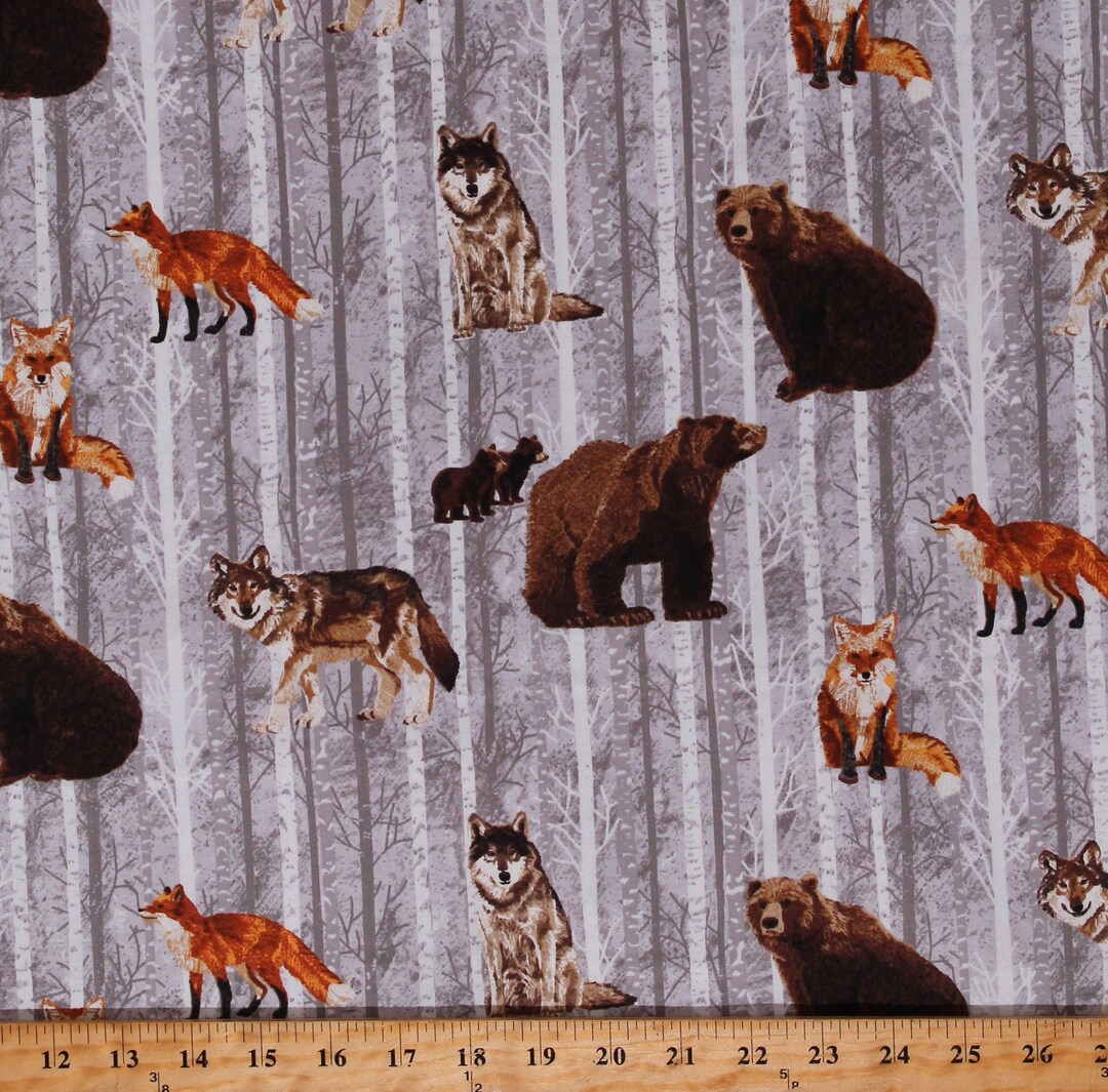 Cotton Woodland Animals Northwoods Bears Foxes Wolves Wolf Forest ...