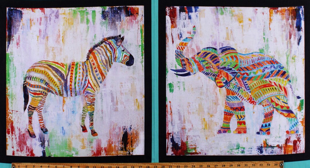 24" X 44" Panel Zebra Elephant Animals Colorful Zoo Teal Cotton Fabric ...