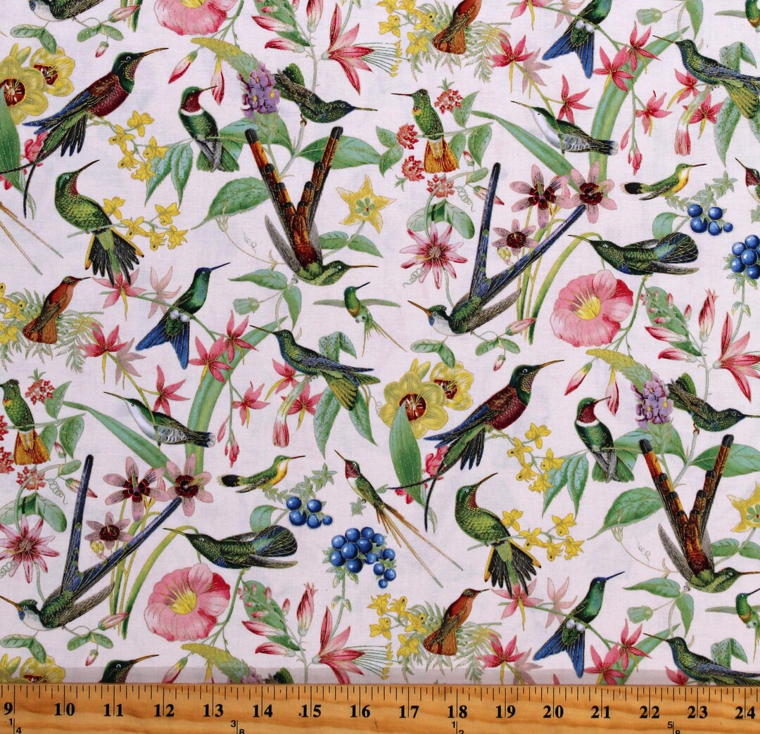 Cotton Hummingbirds Flowers Floral Gold Metallic Hummingbird Heaven ...