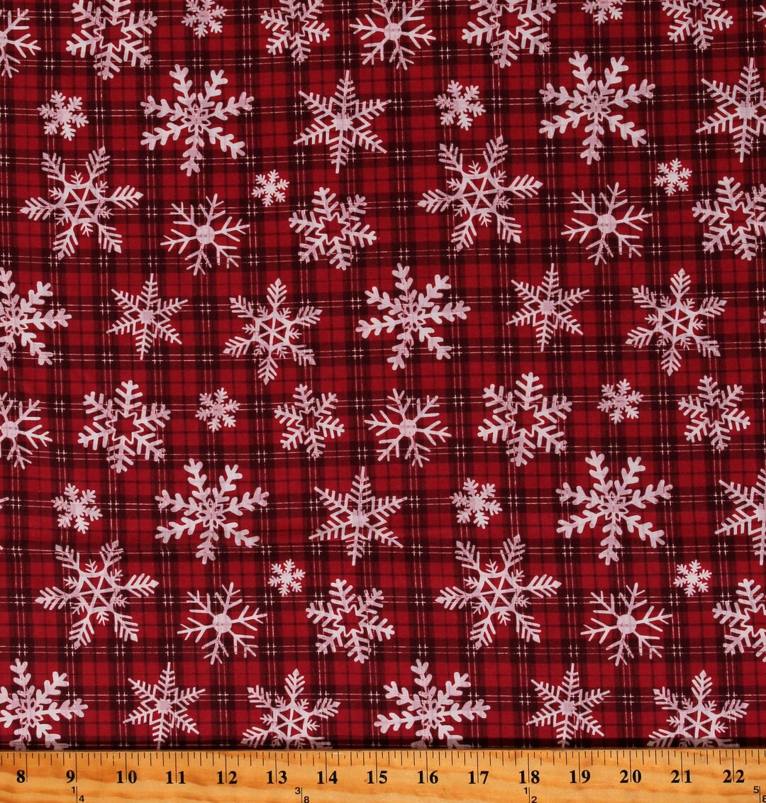 Cotton Red Plaid Snowflakes Snow Christmas Holiday Winter Seasonal Red ...