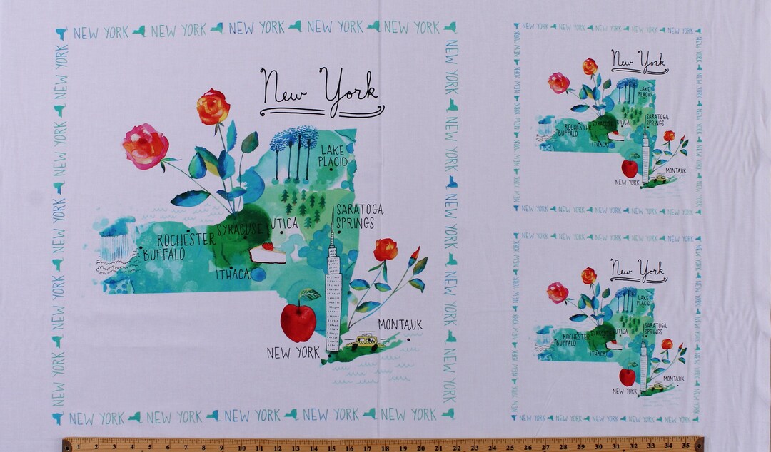 24" X 44" Panel New York State Symbols Icons Flowers Roses Apples the ...