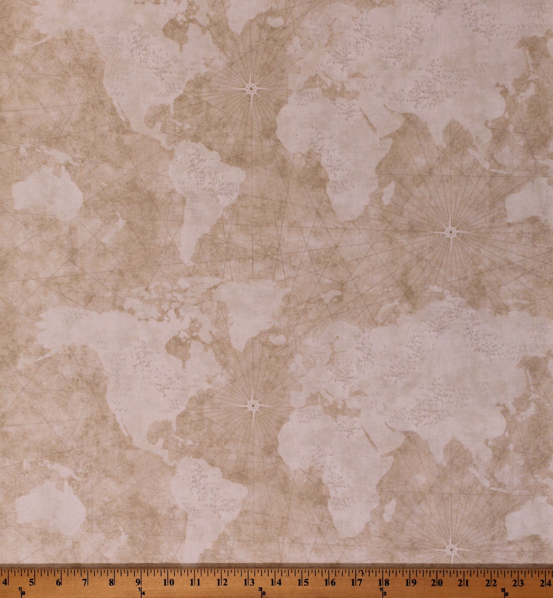 Cotton World Maps Vintage-look Nautical Map Countries Continents ...