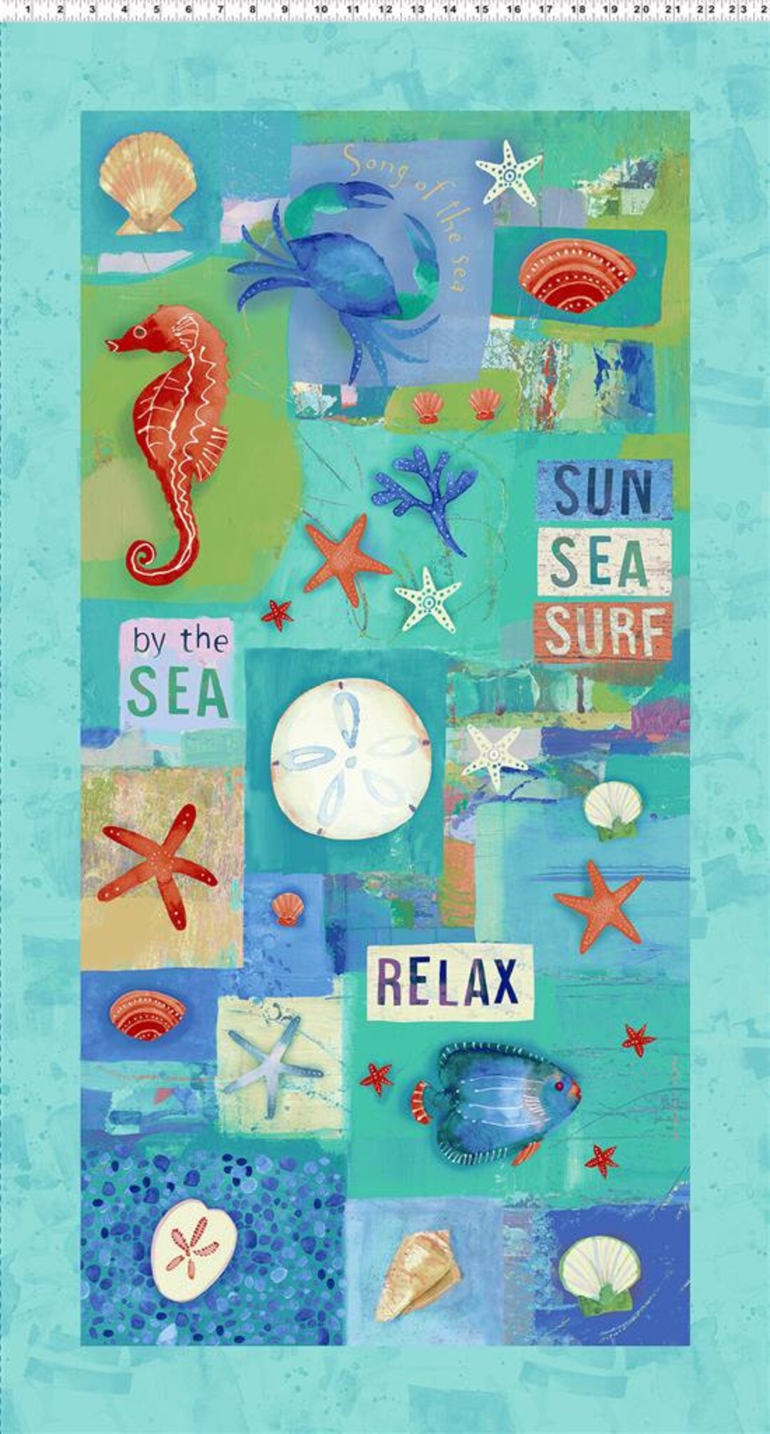 24" X 44" Panel Sanibel Beach Island Seashells Fish Ocean Blue Cotton ...