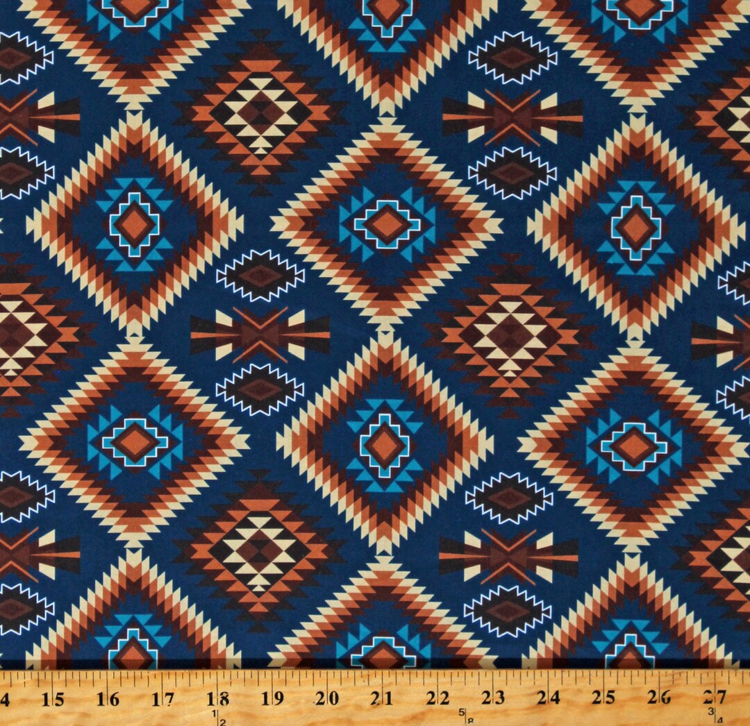 Cotton Southwestern Tribal Diamonds Geometric Royal Blue Brown