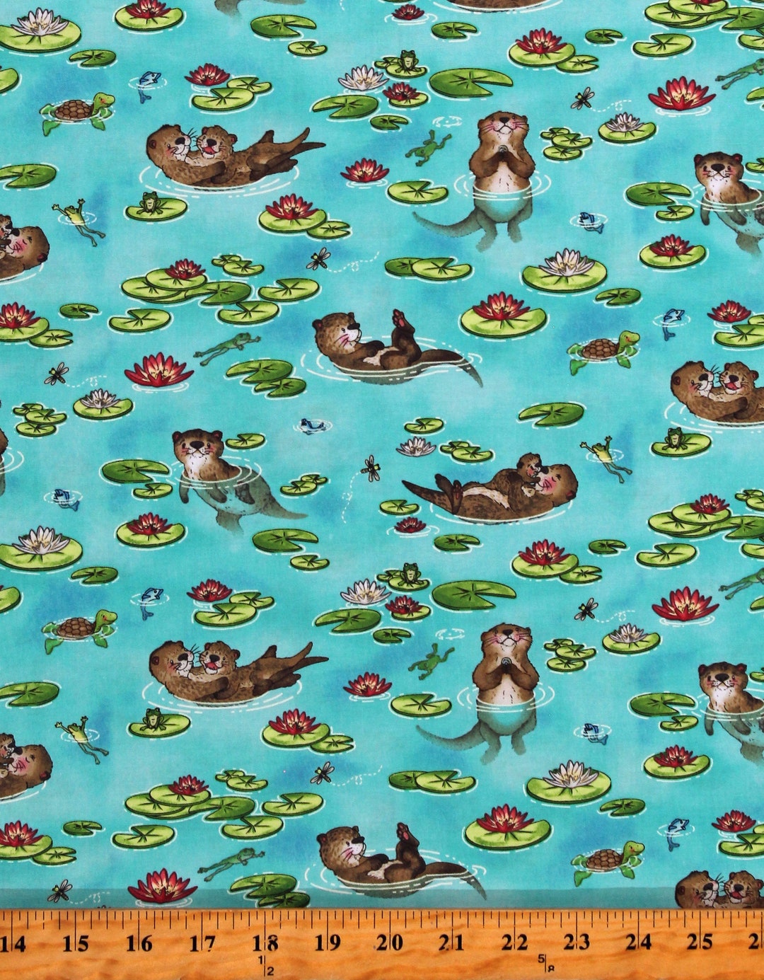 Cotton River Romp Otters Lily Pads Flowers Turtles Frogs Rivers Fish ...