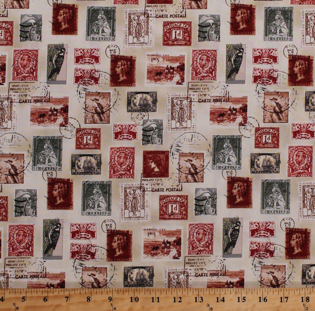 Cotton Vintage Postage Stamps Allover Birds Portraits Correspondence ...